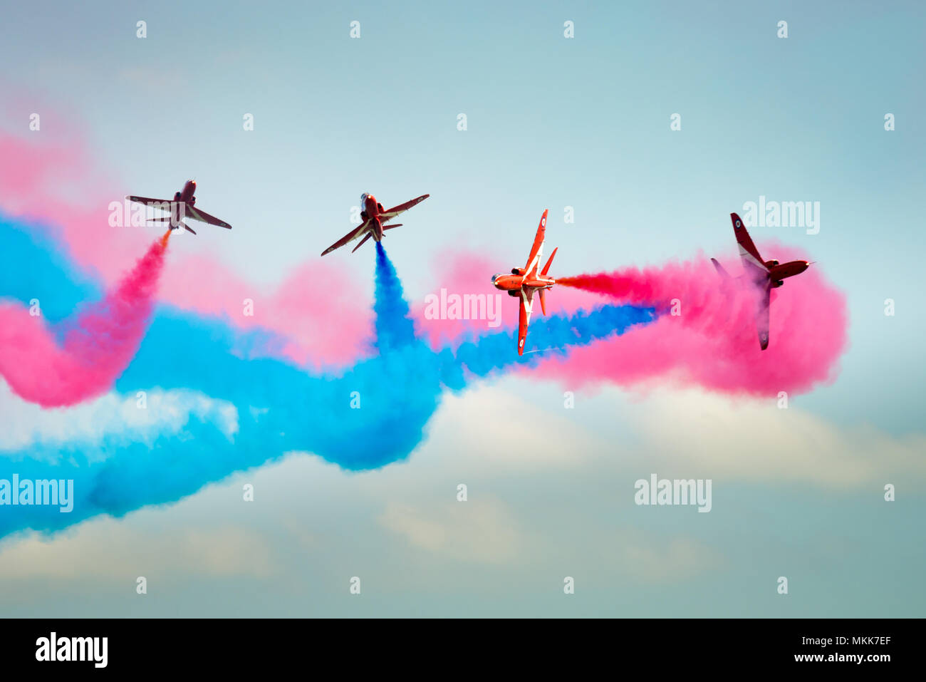 Red Arrows aerobatics during an air show in Clacton, England Stock ...