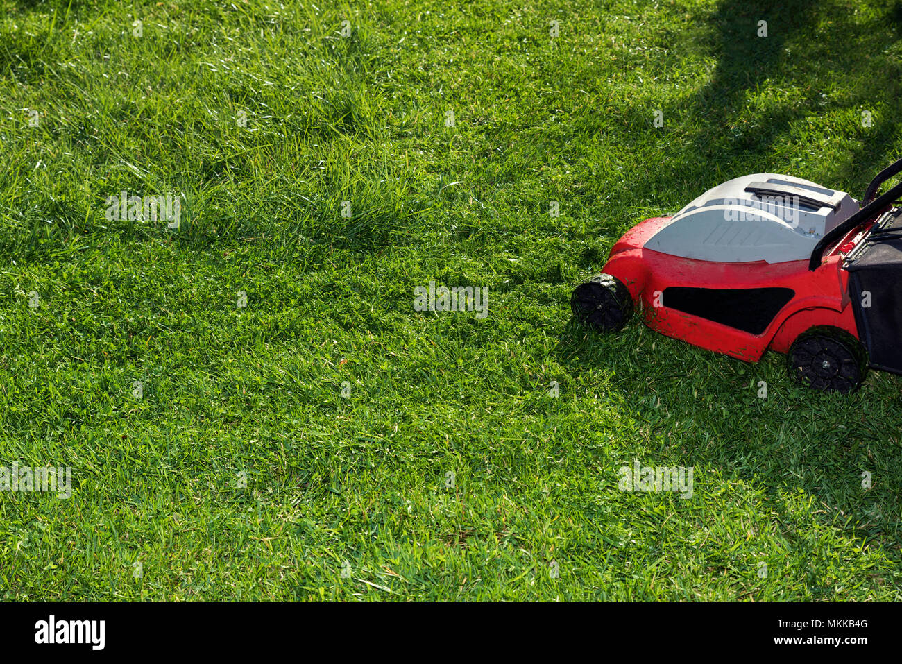 Red mower in a lawn Stock Photo - Alamy