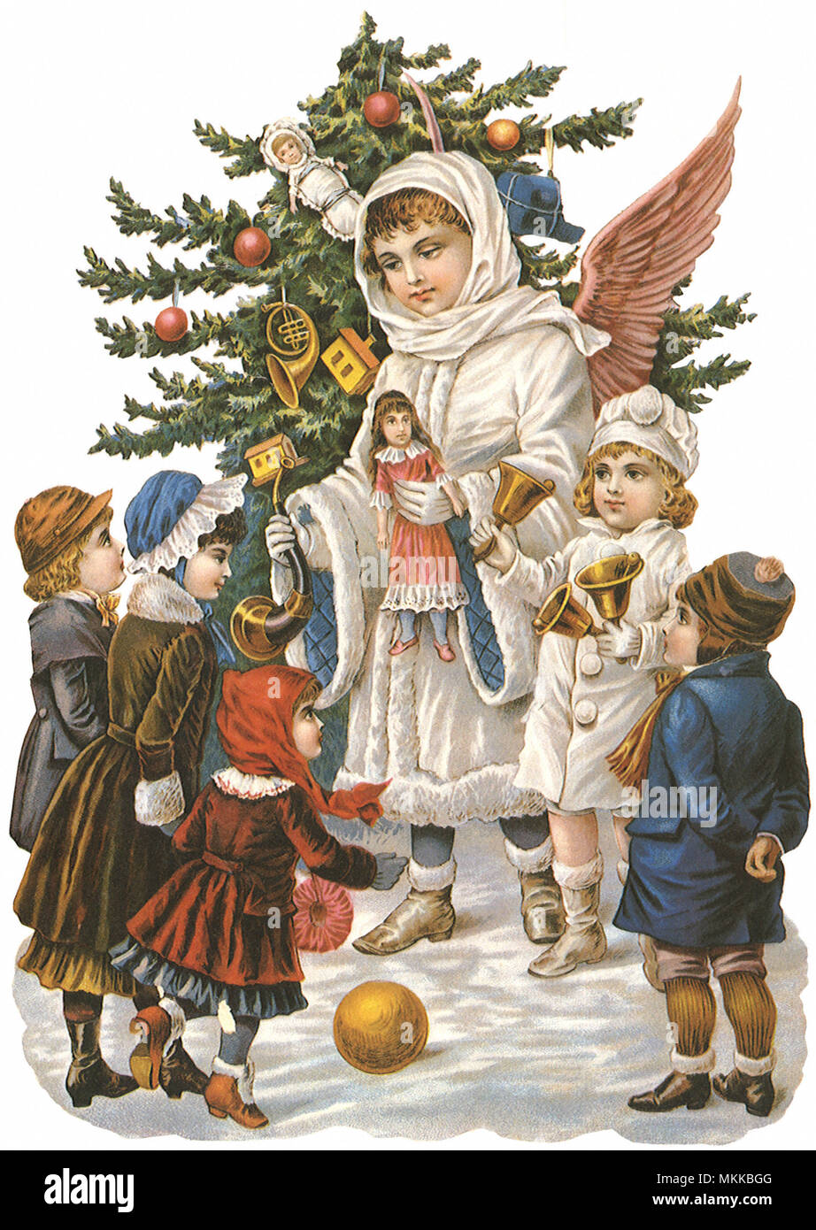Angel with Children and Christmas Tree Stock Photo - Alamy
