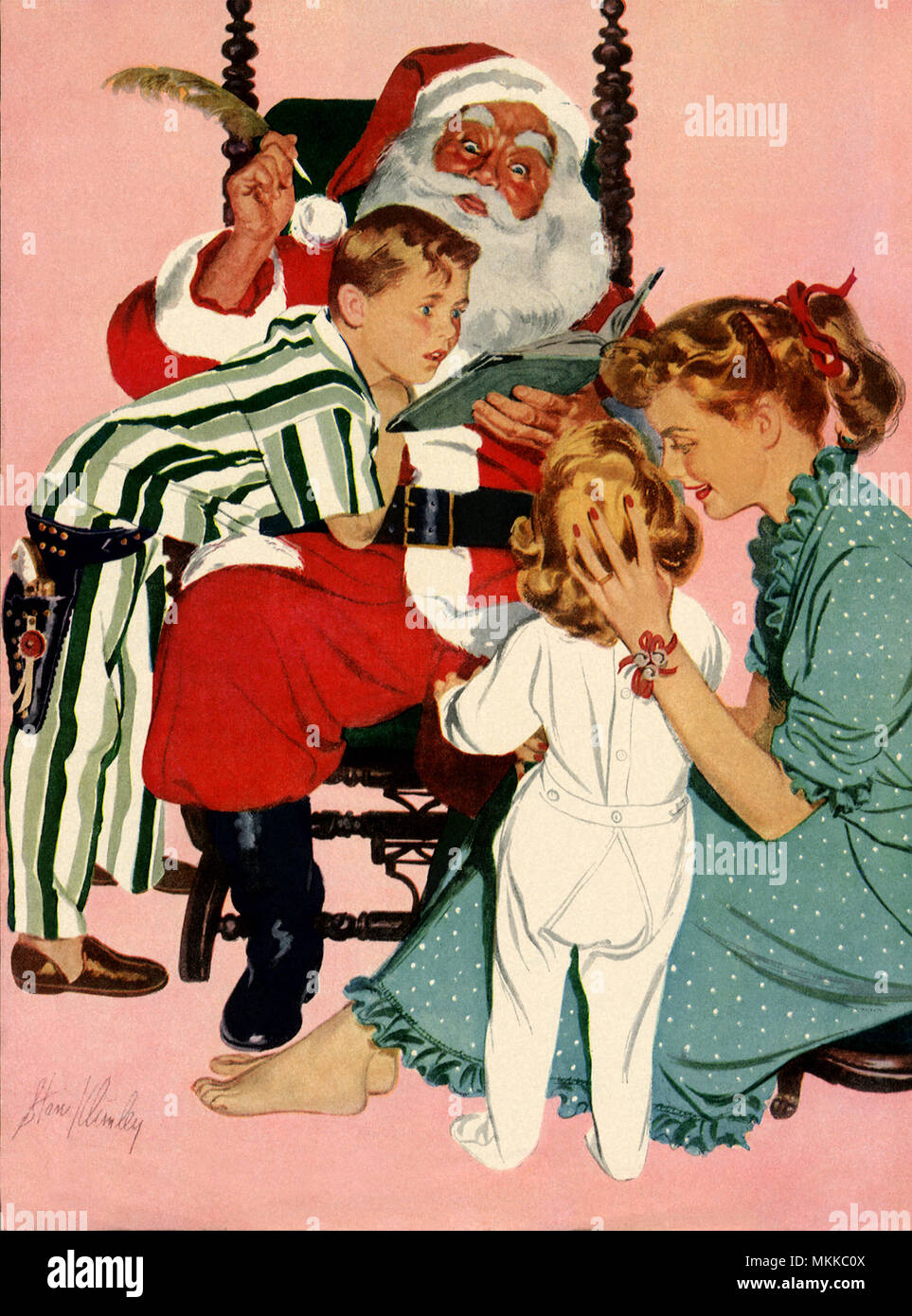 Santa with Boy, Girl, Mom Stock Photo - Alamy