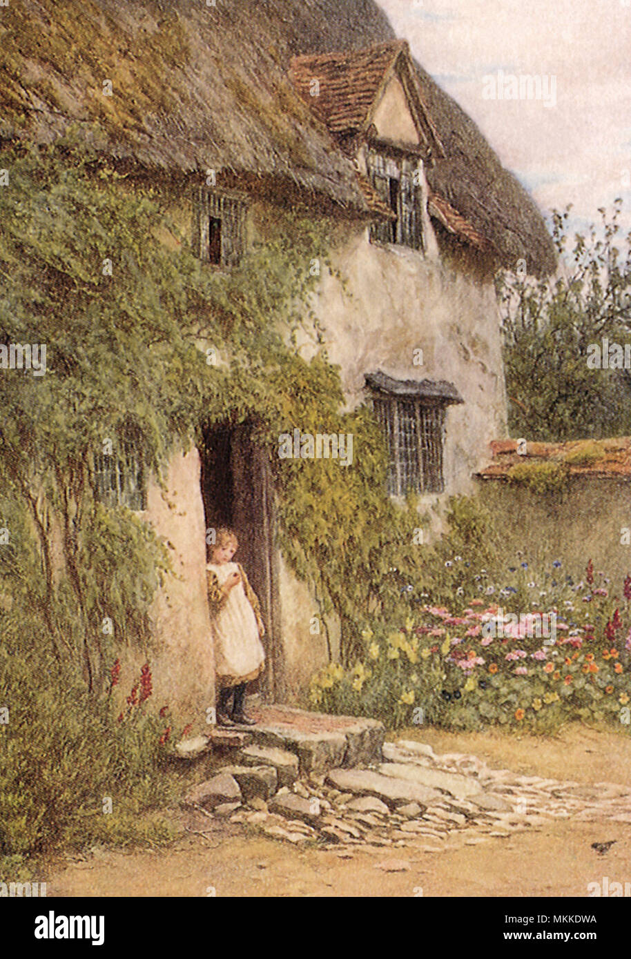 Girl at Cottage Door Stock Photo - Alamy