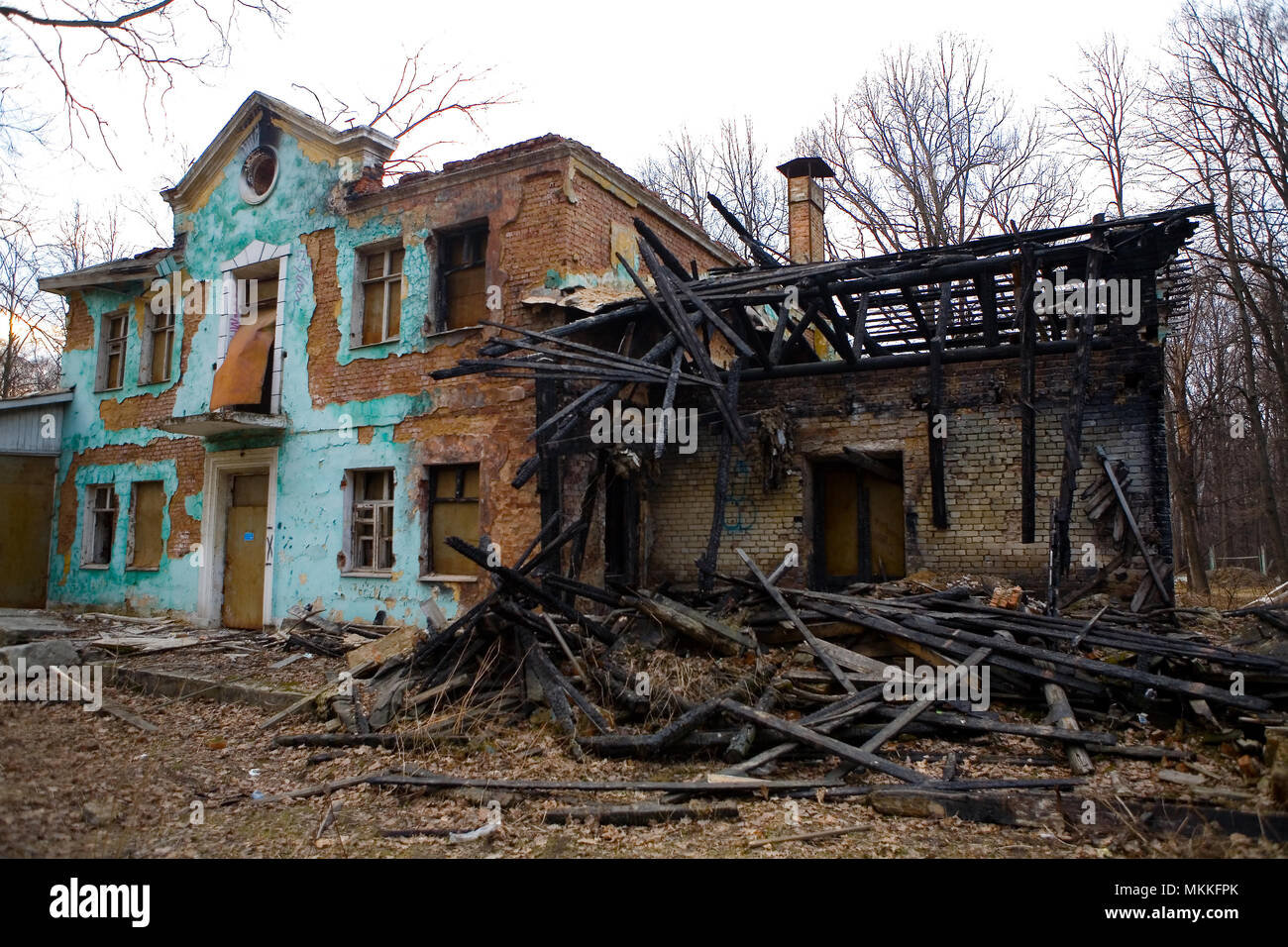 Old dilapidated and partially burnt house. Moscow Stock Photo - Alamy