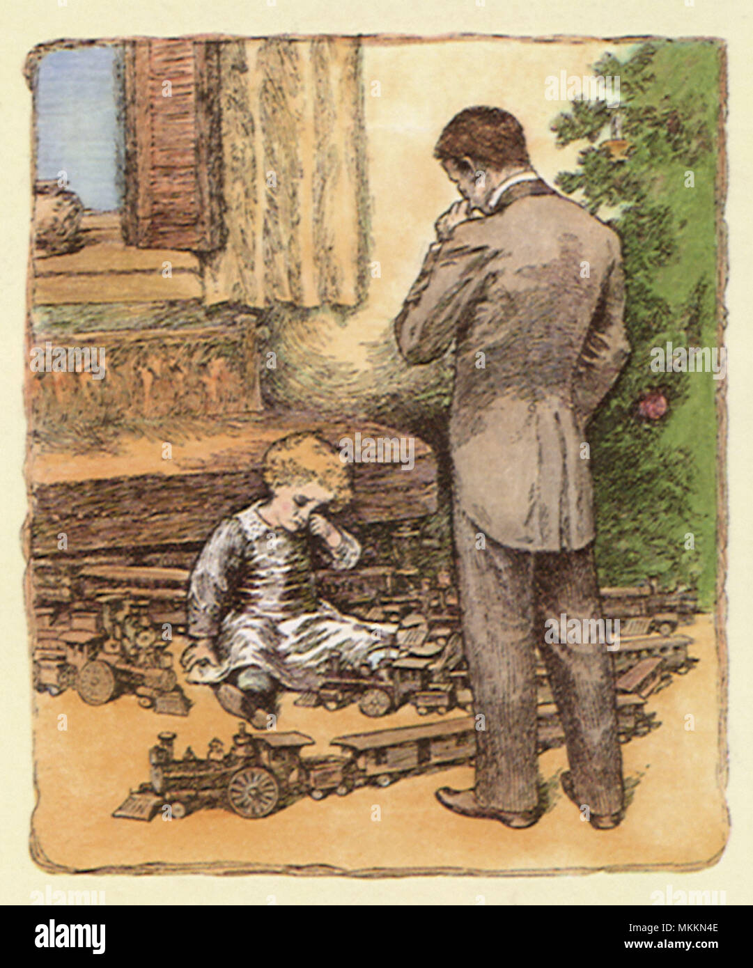 Father standing over Crying Boy and Train Stock Photo - Alamy