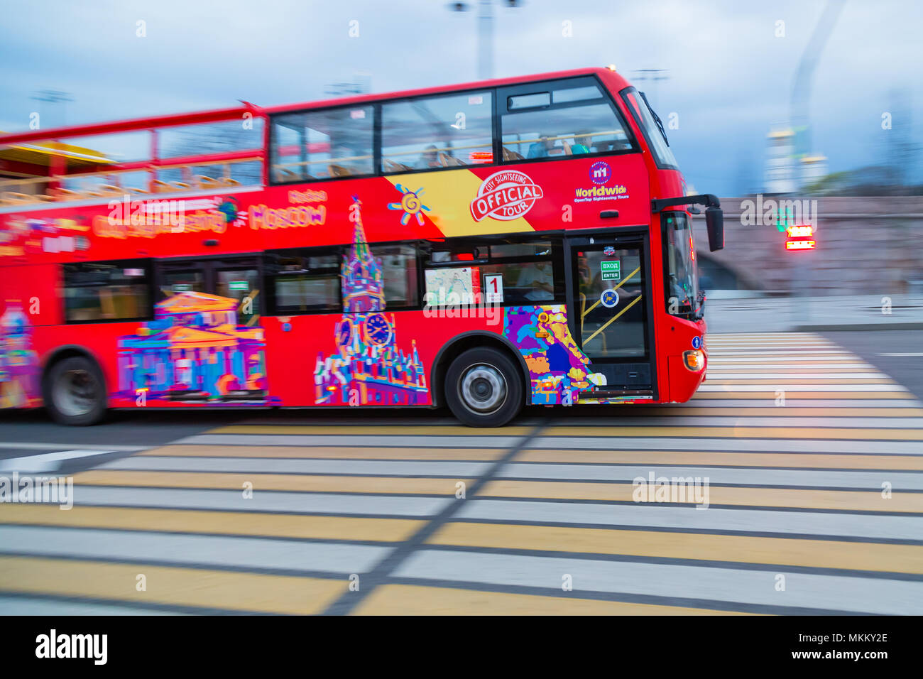 MOSCOW, RUSSIA - APRIL 30, 2018: A double-decker tourist bus passes ...