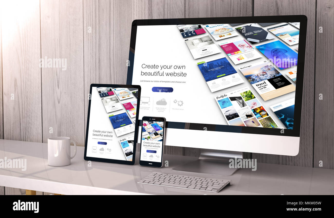Digital generated devices on desktop, website builder on screen. All screen graphics are made up ...
