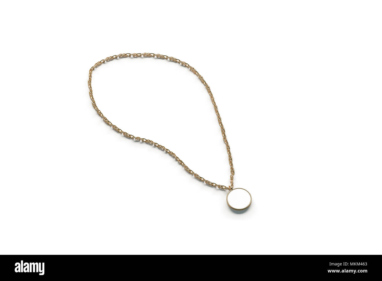 Blank white golden pendant round mockup isolated, side view. Empty gold ...
