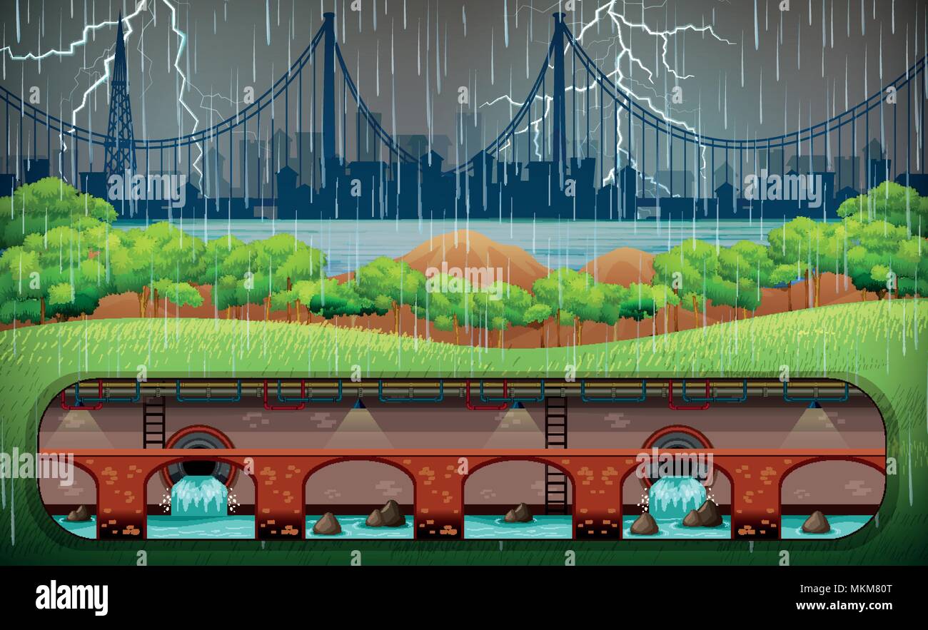 Thunderstorm at City from Park View illustration Stock Vector Image ...