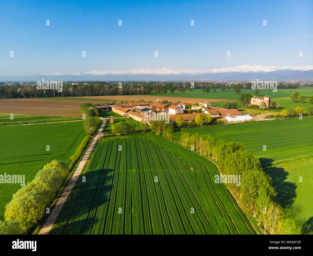 Aerial cultivated fields from above, rural farm in Italian green ...
