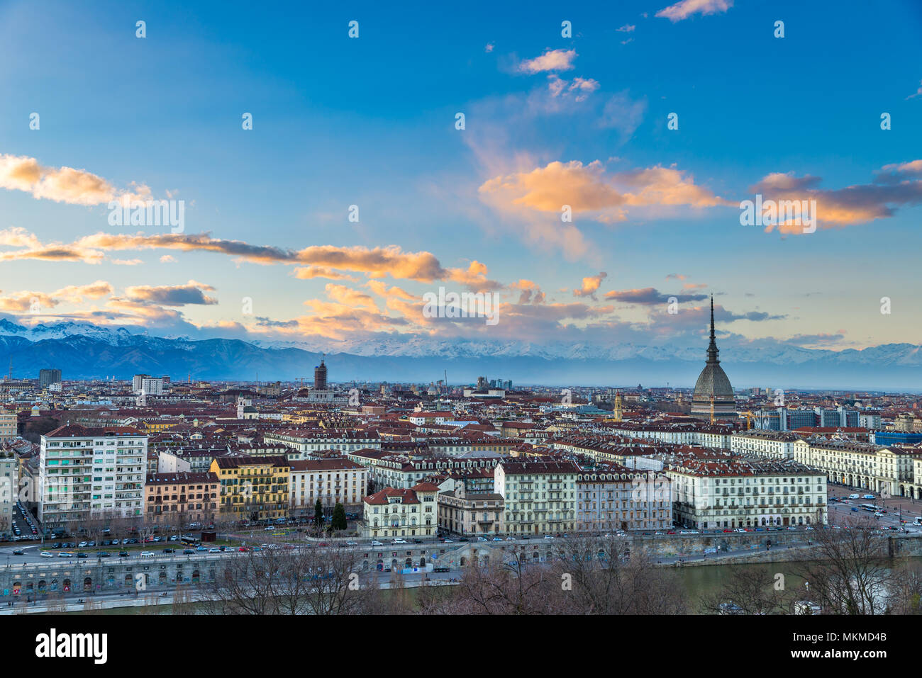 Turin skyline at dusk, Torino, Italy, panorama cityscape with the Mole ...