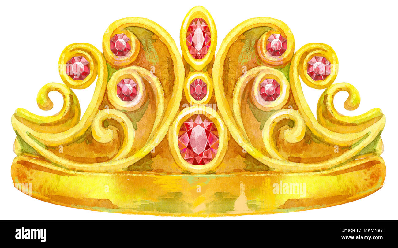 Watercolor Gold Crown with jewels of ruby Stock Photo - Alamy