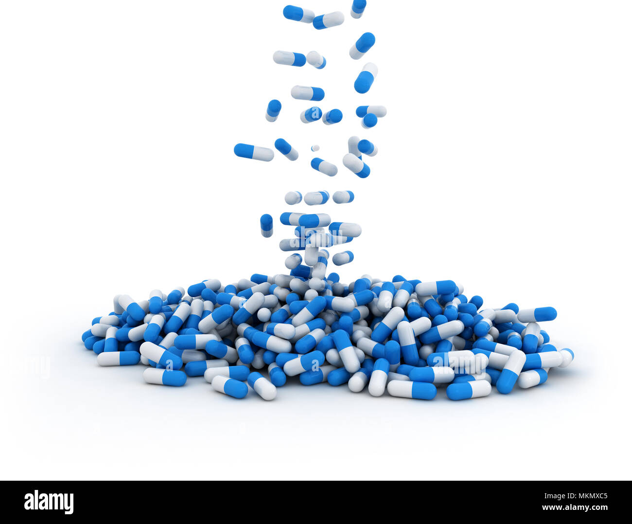 Falling blue pill capsules on white background Stock Photo - Alamy