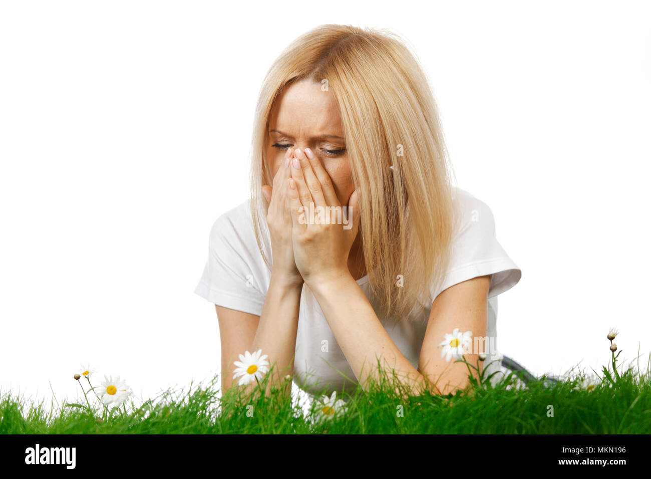Woman sneezing of spring and pollen allergy,isolated on white ...
