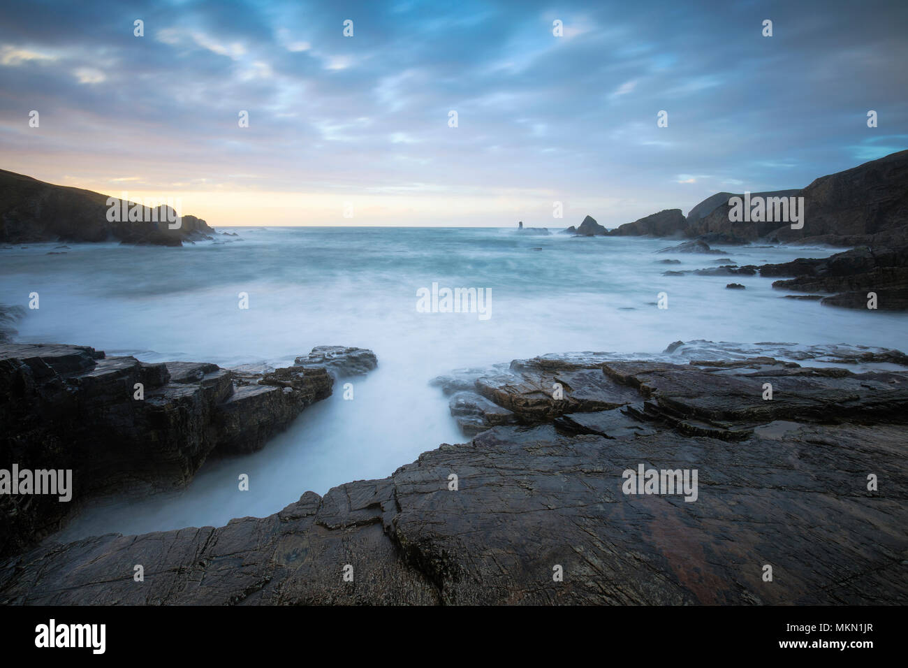 Waves breaking at Sunset on Irelands Wild Atlantic Way, County Doengal ...