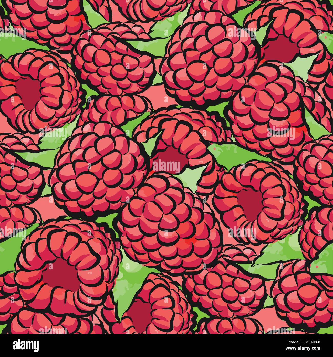 vector seamless pattern of raspberries. Hand-drawn and colored ...