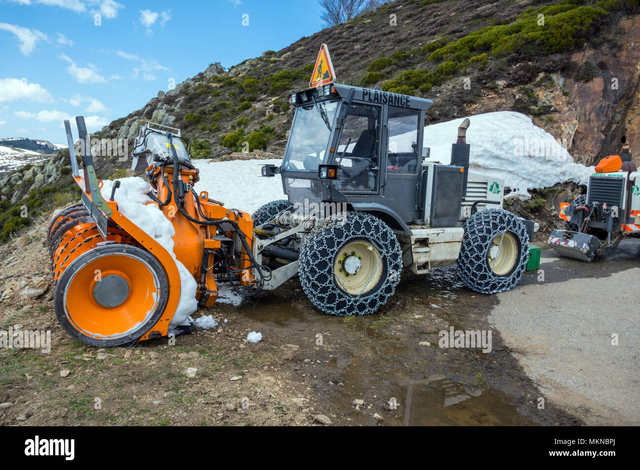 Snow plough, snow blower, with chains on wheels, Cold de Pailheres ...