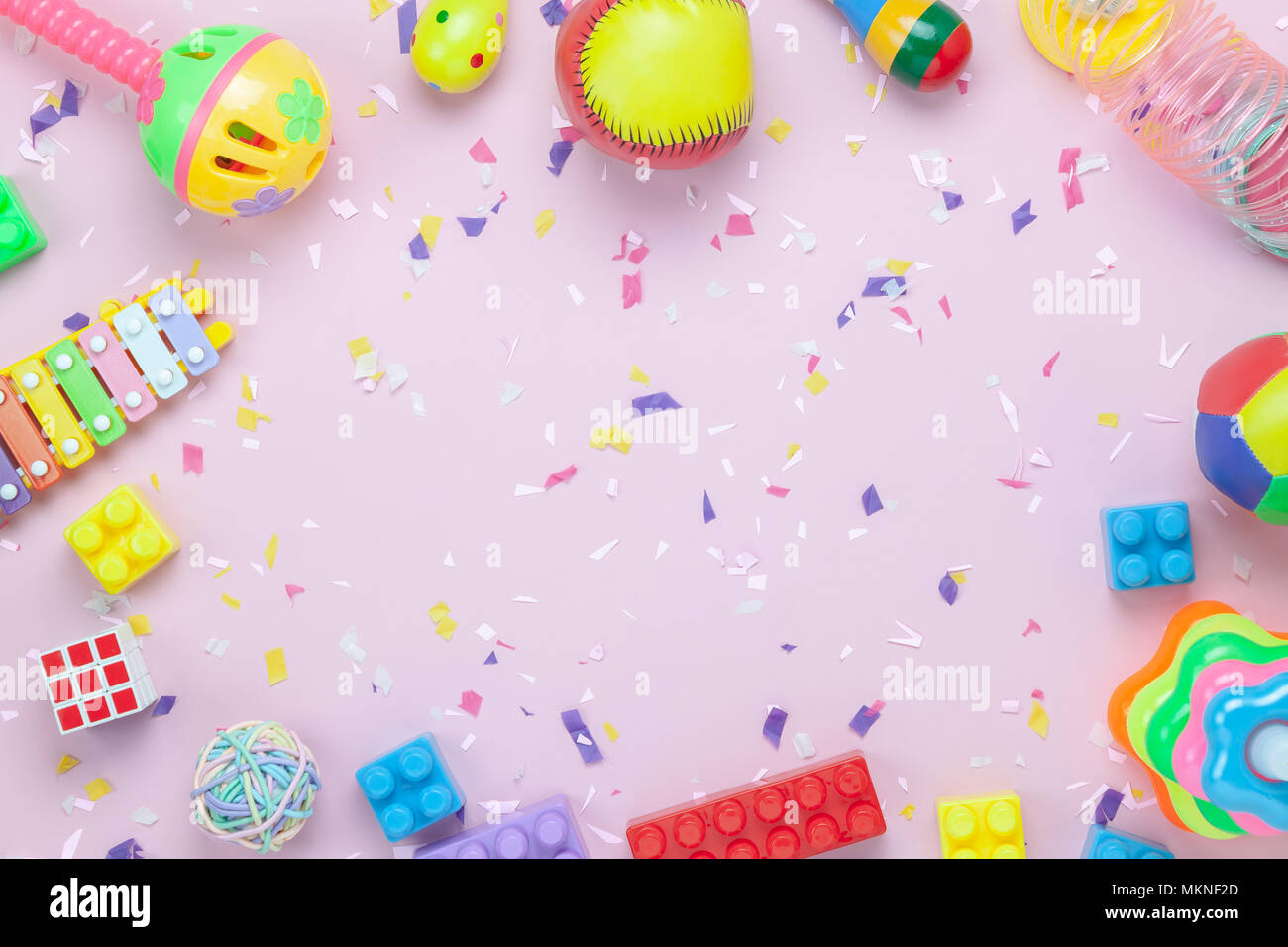 Flat lay objects baby toys for development background concept.Table top ...