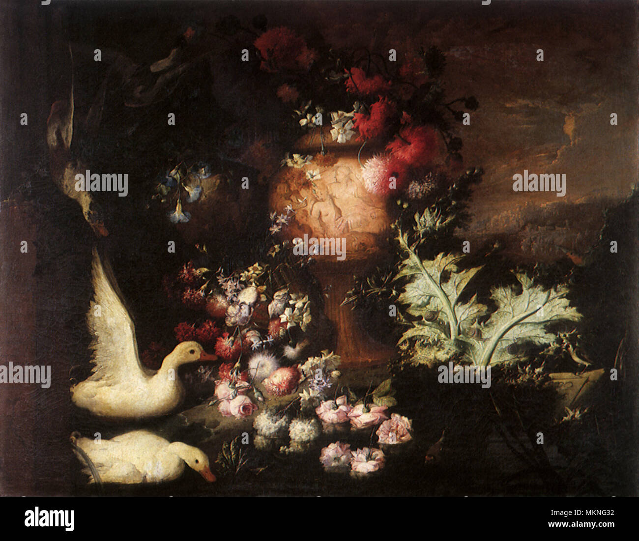 Ducks, Cascade of Flowers, & Engraved Vase Stock Photo - Alamy