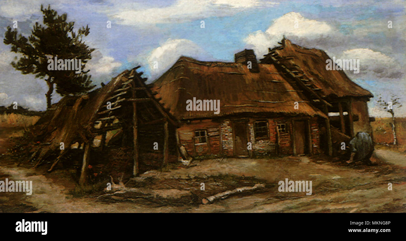 Cottage with Decrepit Barn and Stooping Woman Stock Photo - Alamy