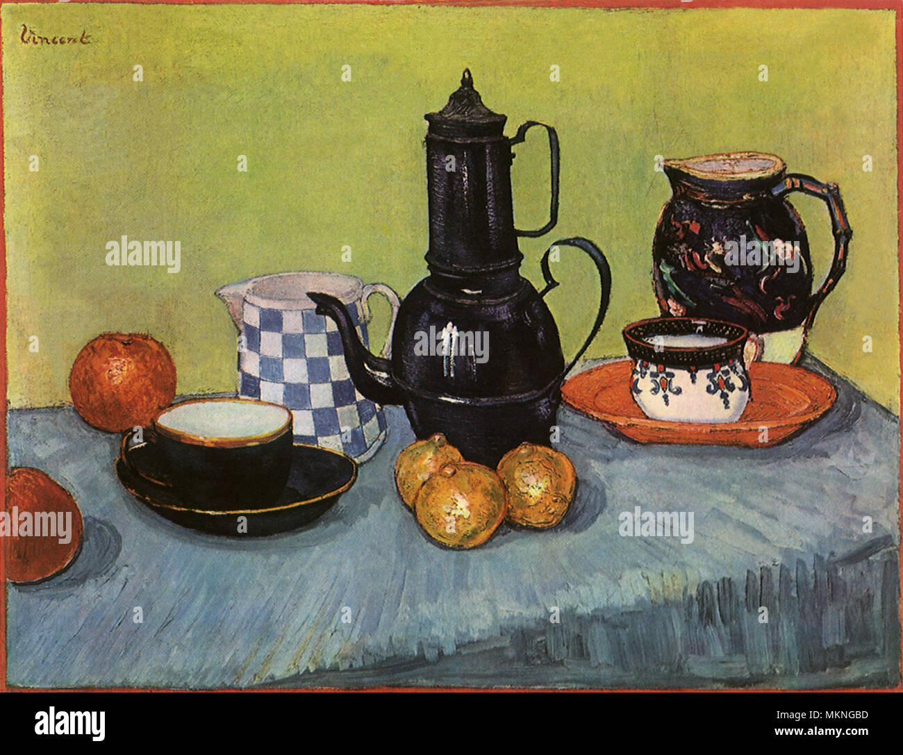 Still Life: Blue Enamel Coffeepot, Earthenware and Fruit Stock Photo ...