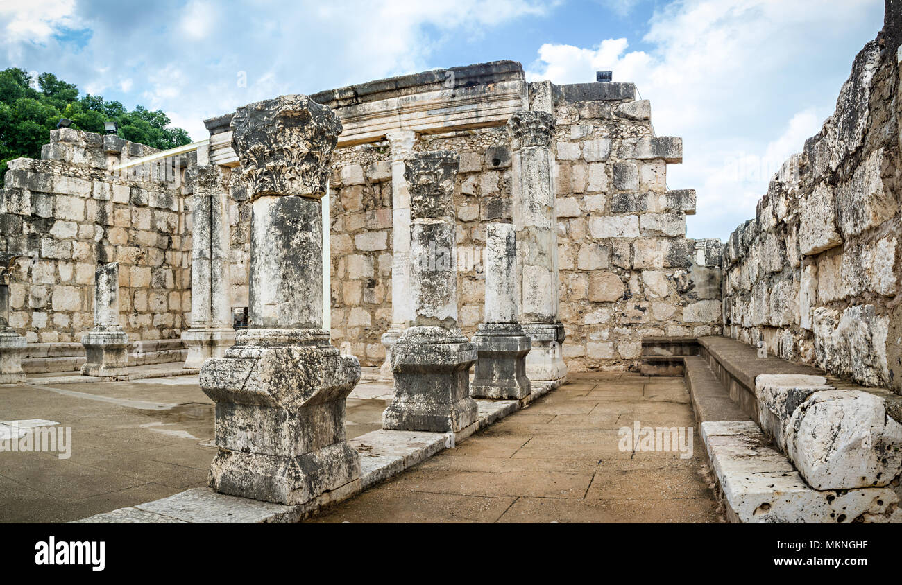 The ruins of White Synagogue in Capernaum on the coast of the sea of ...
