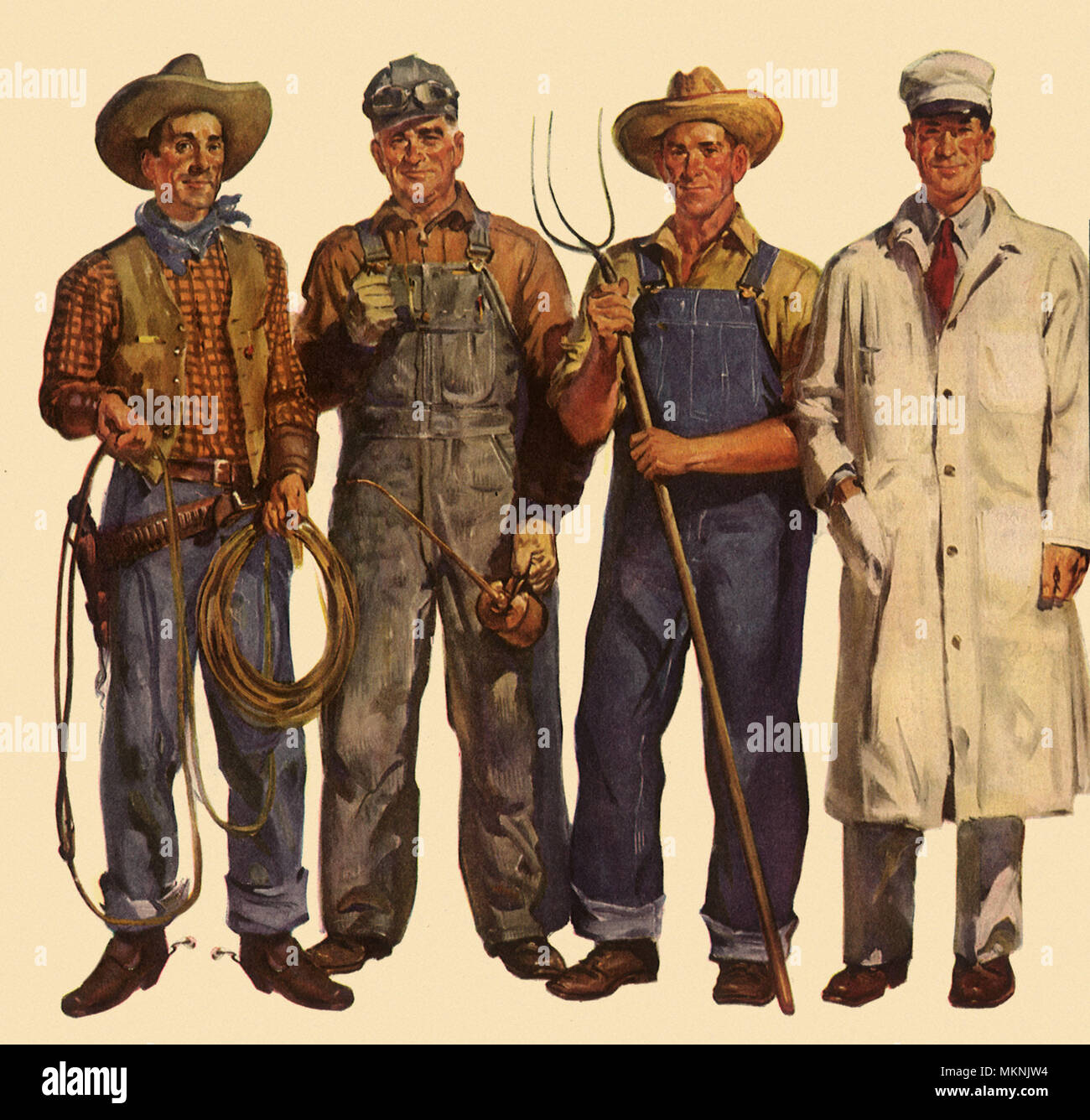 A Cowboy, Mechanic, Farmer and Milkman stand together Stock Photo - Alamy