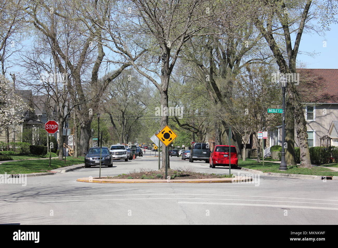 Regular circular roundabout streetscape in Evanston, Illinois Stock ...