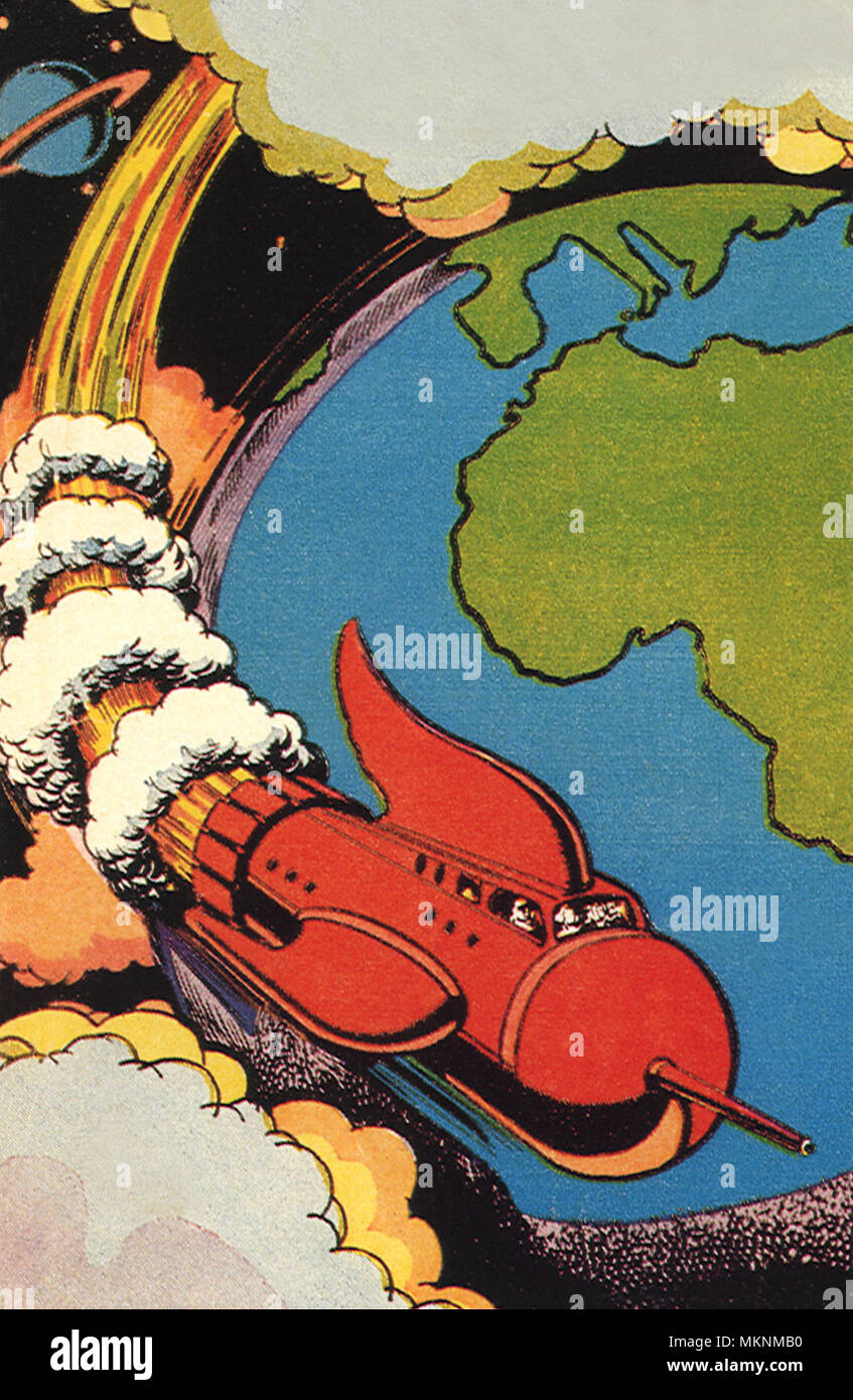 Sci Fi - Red Rocket Ship with Earth Stock Photo - Alamy