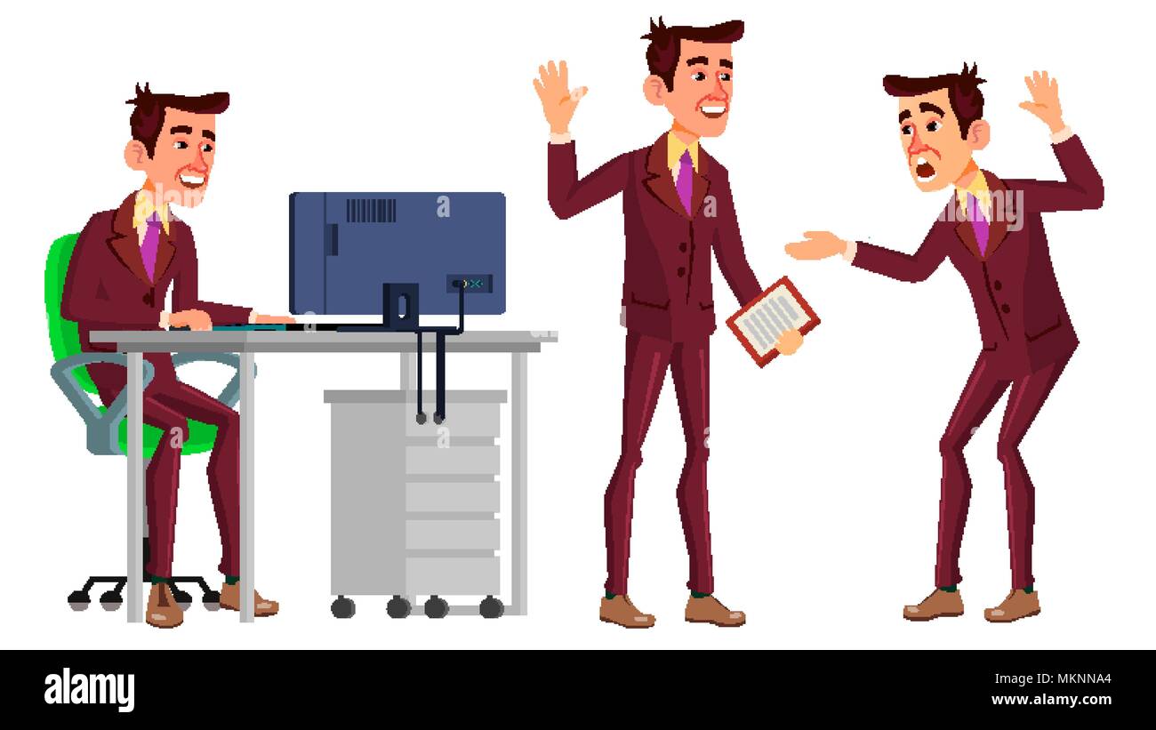 Office Worker Vector. Face Emotions, Various Gestures. Business Worker ...