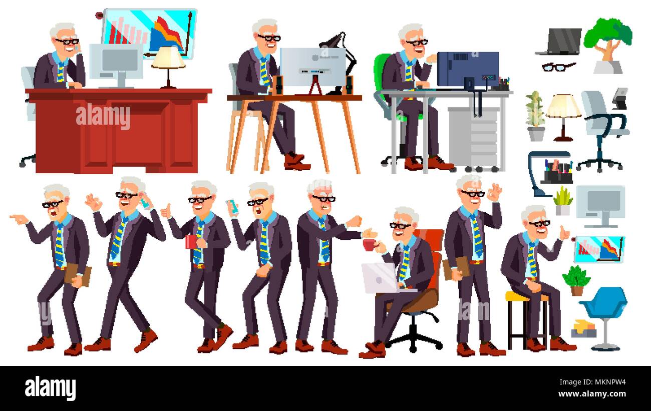 Old Office Worker Vector. Face Emotions, Various Gestures. Business Man ...