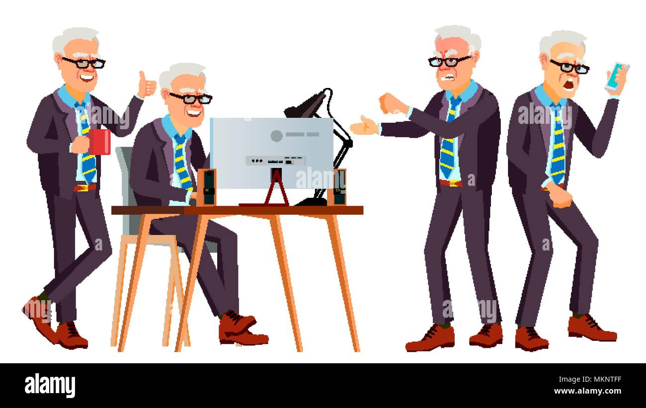 Old Office Worker Vector. Face Emotions, Various Gestures. Business ... Old Office Worker Vector. Face Emotions, Various Gestures. Business ...