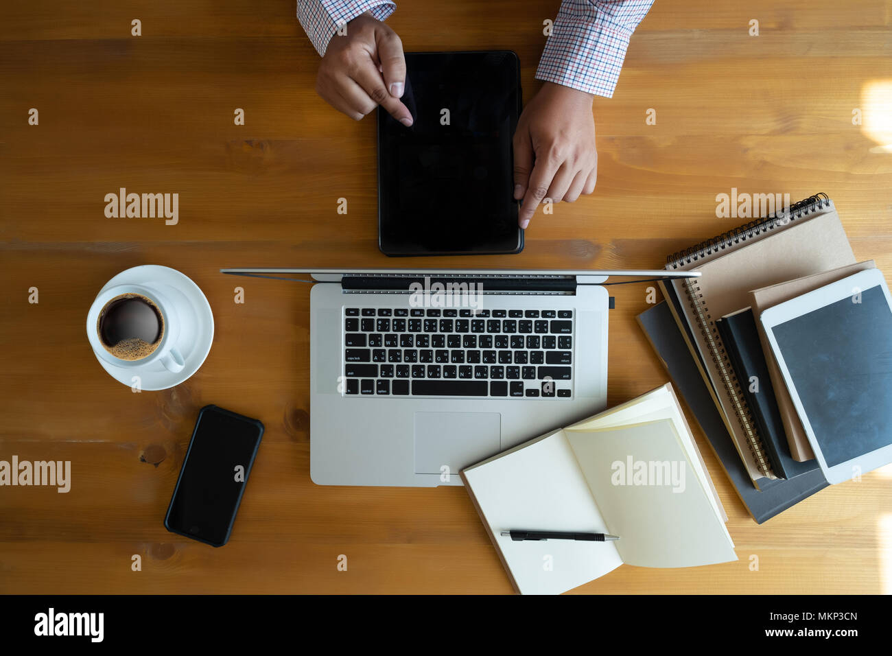 Overhead View top view man Working Desk Concept Stock Photo - Alamy