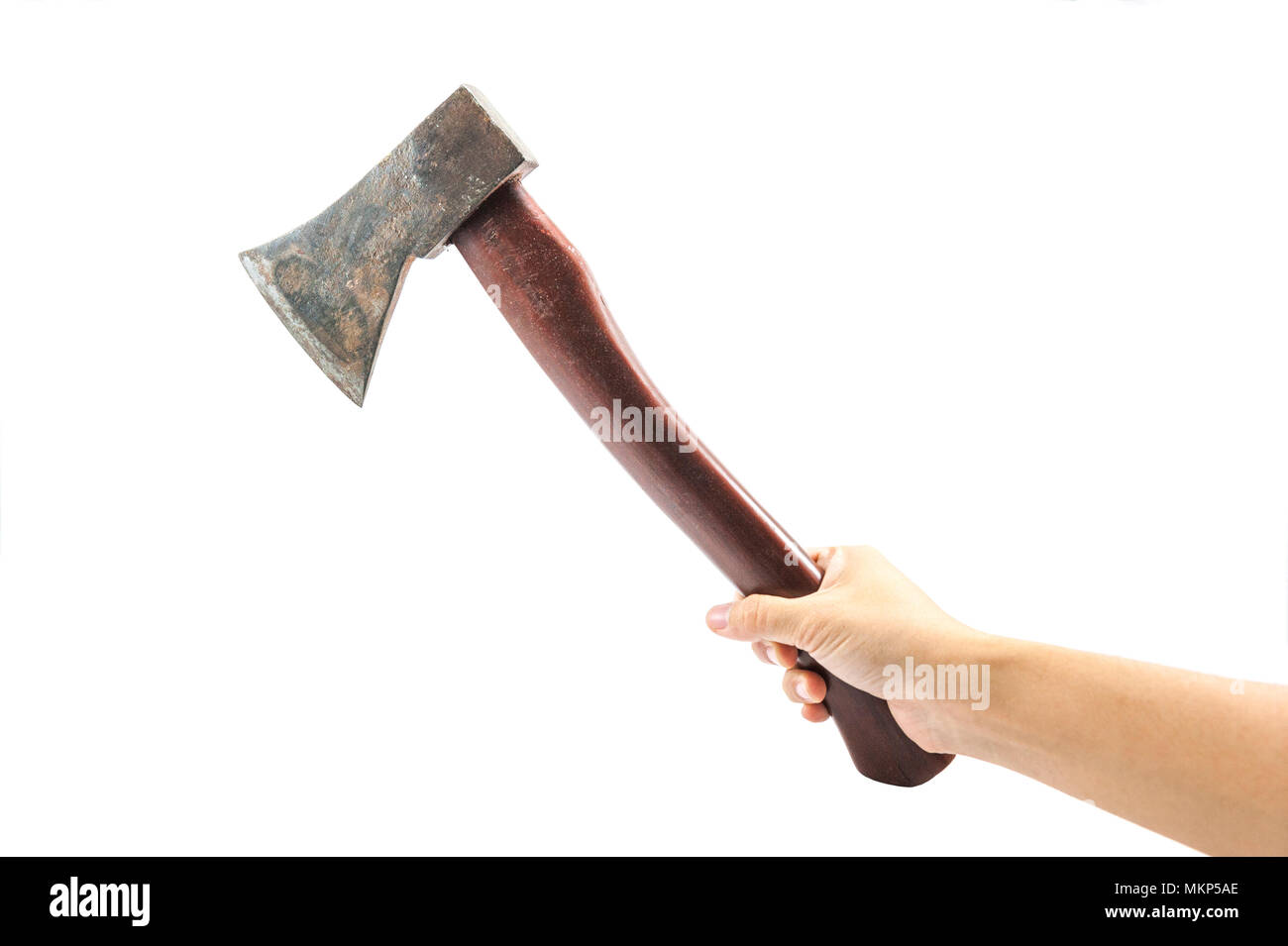 Hand holding an axe. Axe in hand strike Stock Photo - Alamy