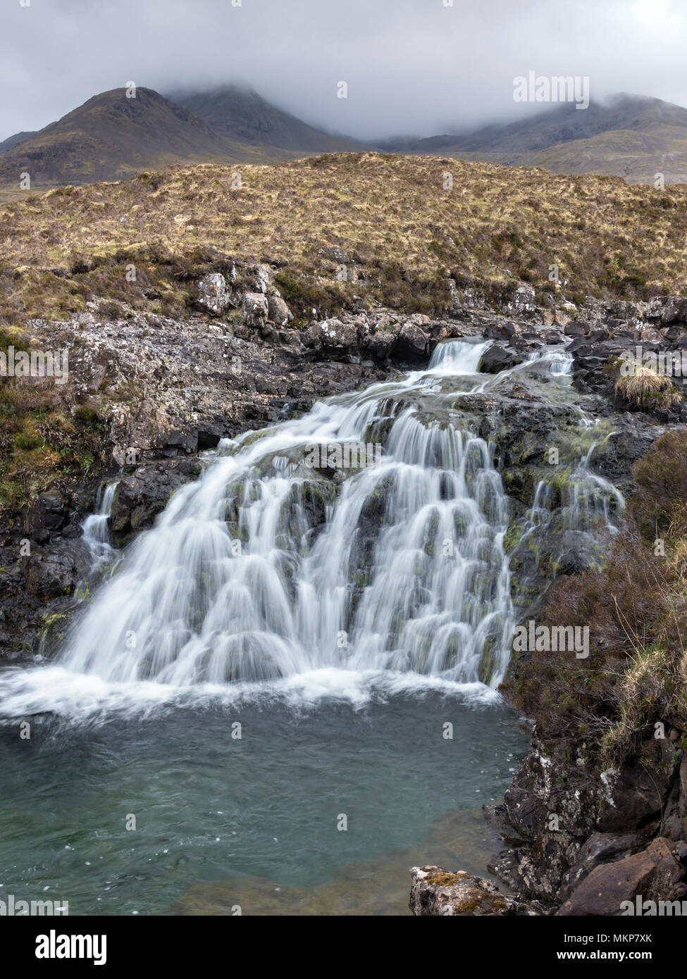 Waterfall in mountain stream of Allt Dearg Mor with Black Cuillin ...