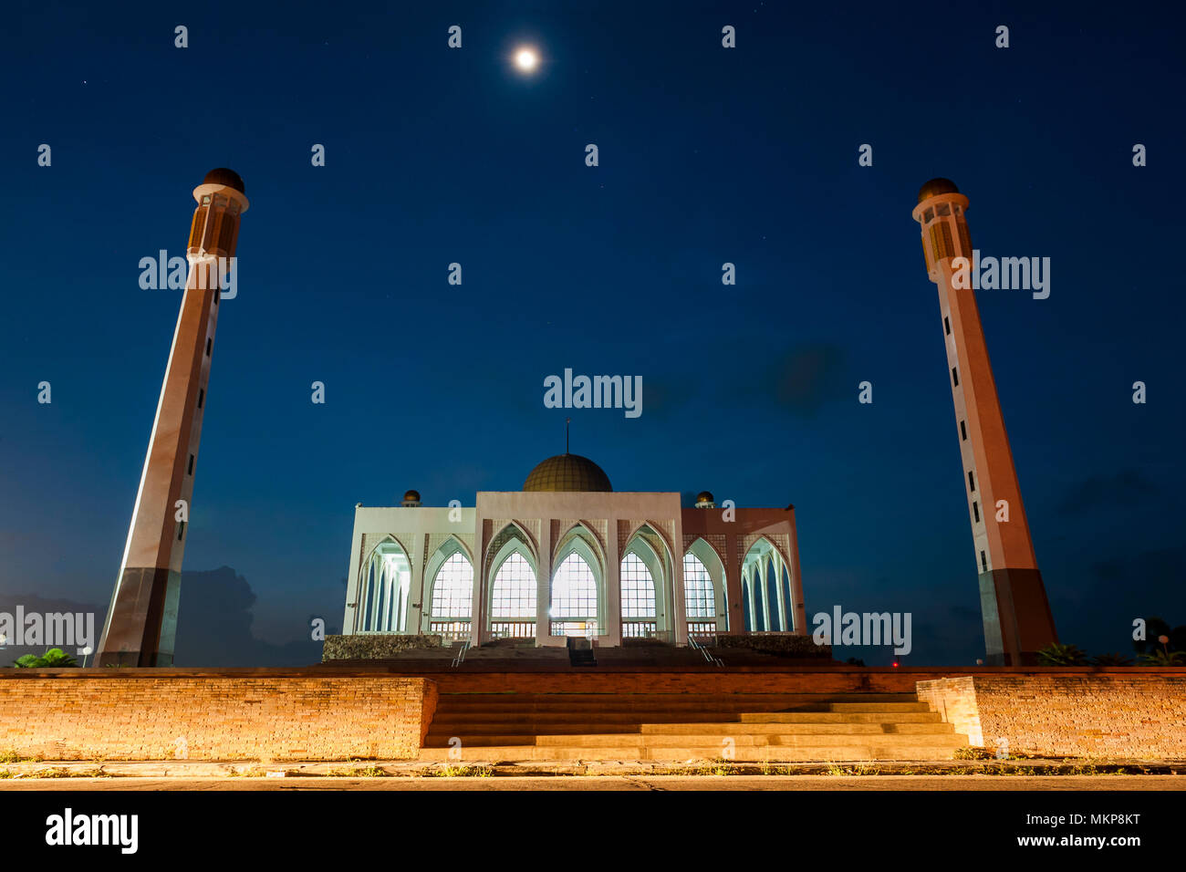 A Mosque at night with moonlight background in southern of Thailand ...