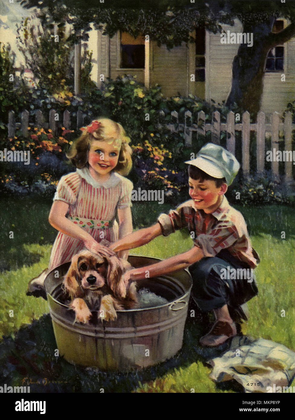Boy and Girl washing Dog Stock Photo - Alamy