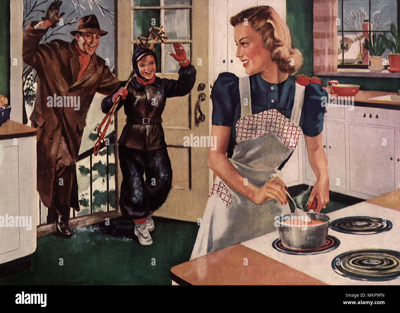 Mother cooks Soup for Father and Son Stock Photo - Alamy