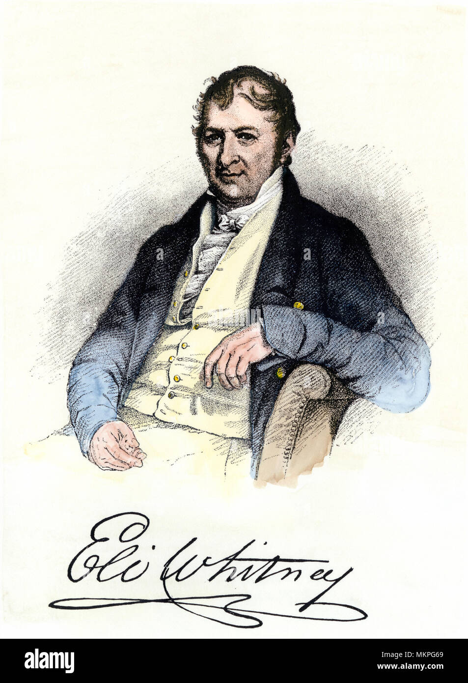 Eli Whitney, with autograph. Hand-colored engraving of a portrait from ...