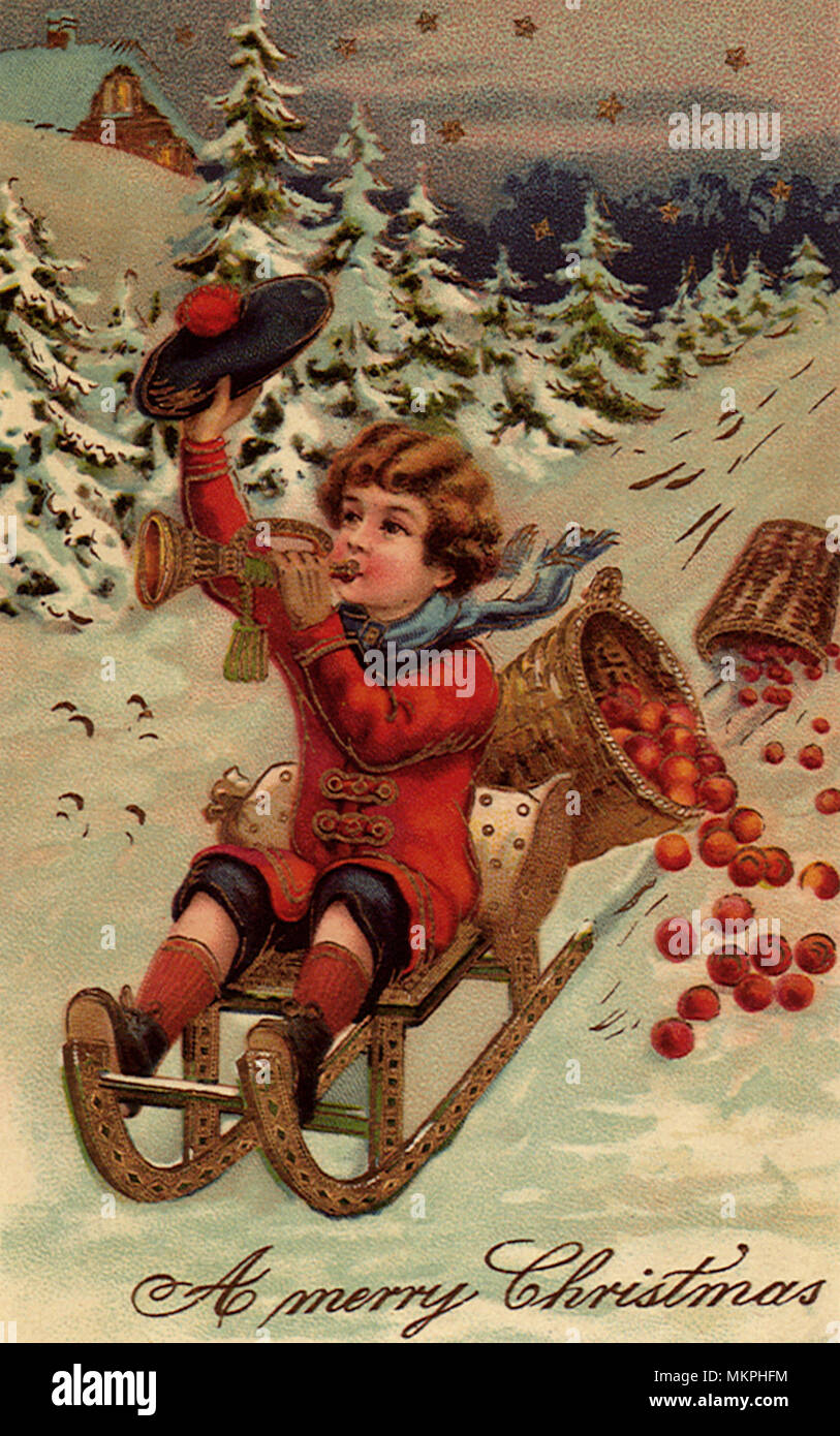 Boy Riding Sled Playing Horn and Spilling Fruit Stock Photo - Alamy