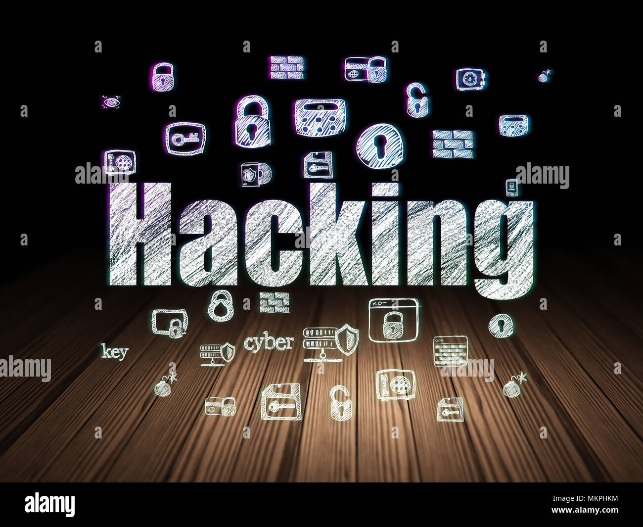 Protection concept: Glowing text Hacking, Hand Drawn Security Icons in ...