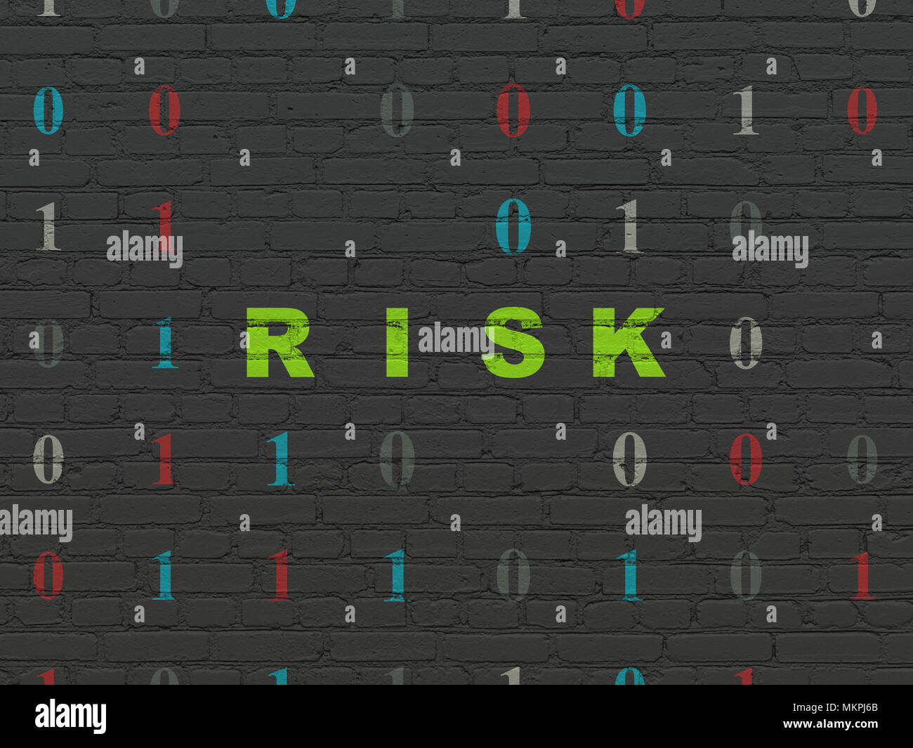 Finance concept: Painted green text Risk on Black Brick wall background with Binary Code Stock ...