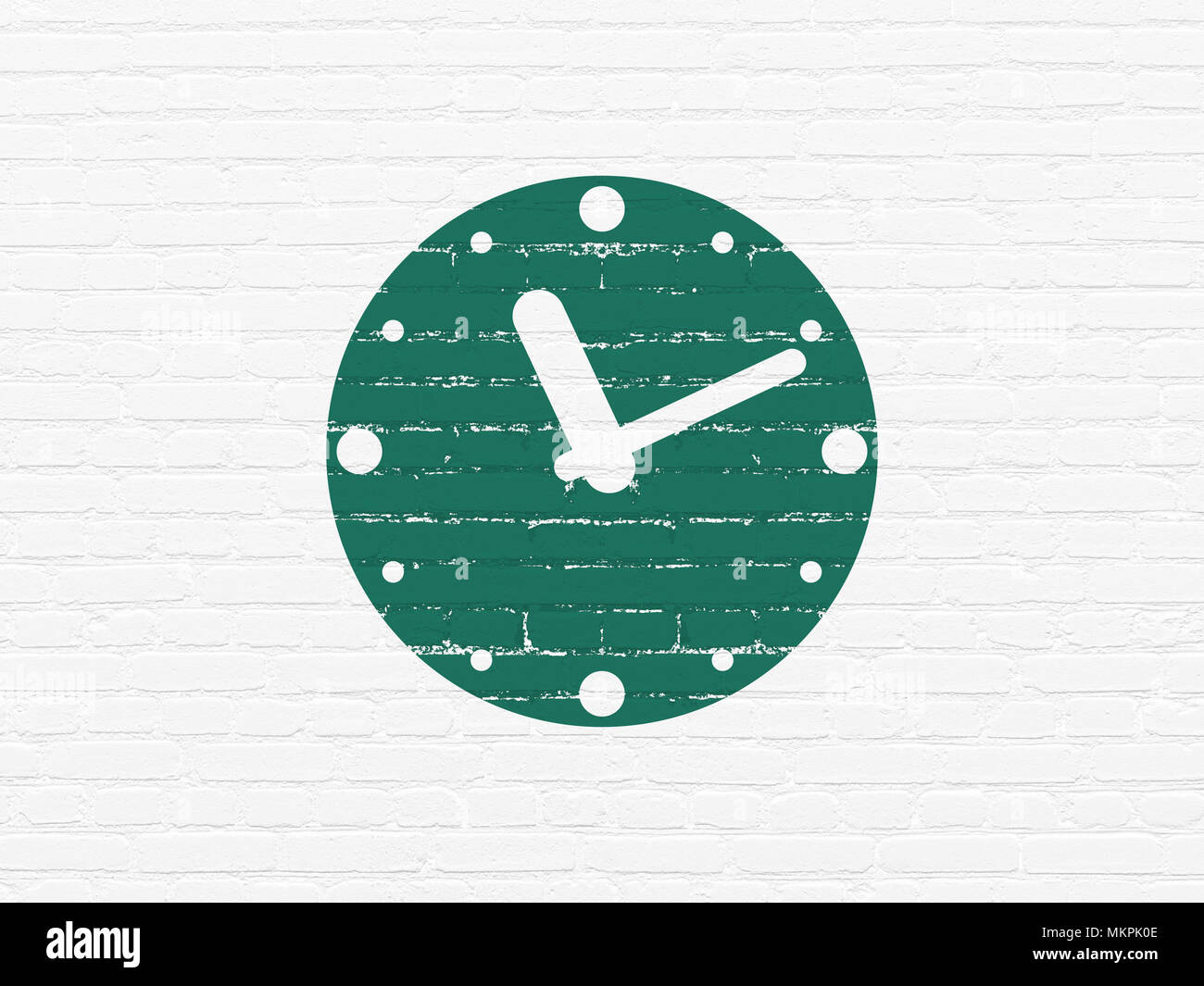 Timeline concept: Painted green Clock icon on White Brick wall ...