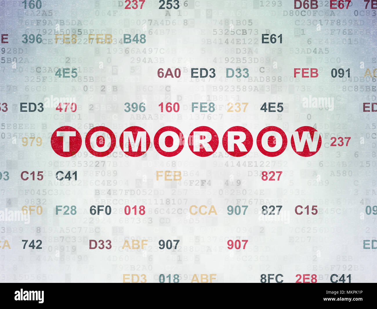 Timeline concept: Painted red text Tomorrow on Digital Data Paper background with Hexadecimal ...