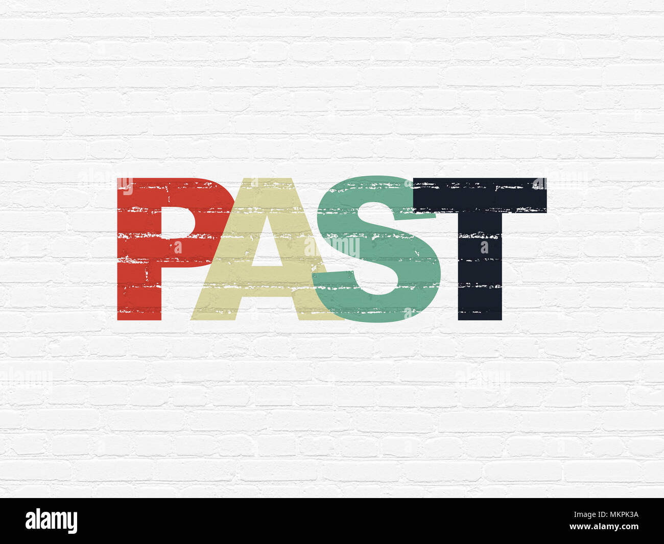 Timeline concept: Painted multicolor text Past on White Brick wall ...