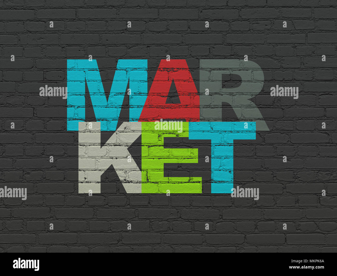 Advertising concept: Painted multicolor text Market on Black Brick wall ...
