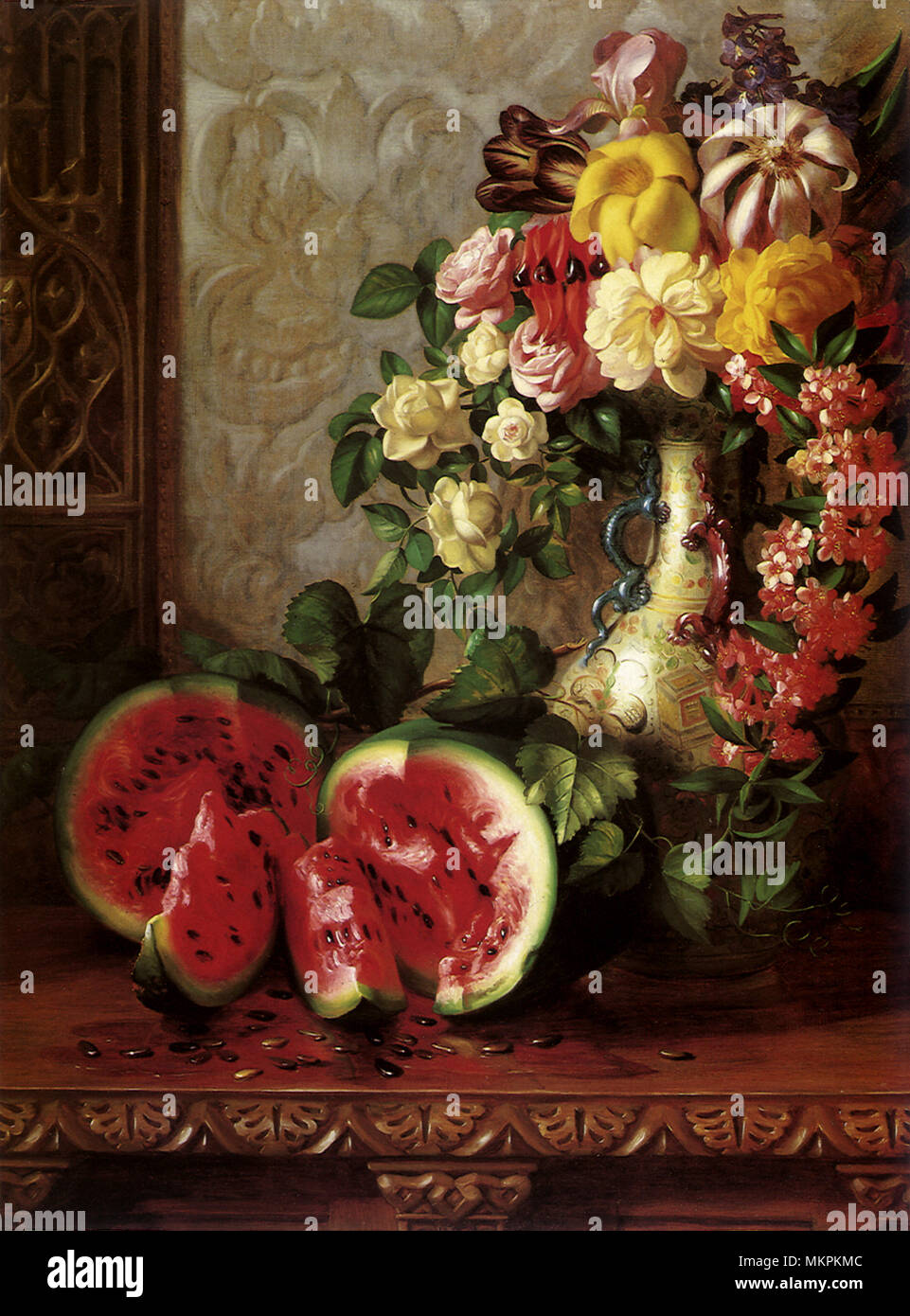 Still Life: Vase of Flowers and Watermelon Stock Photo - Alamy