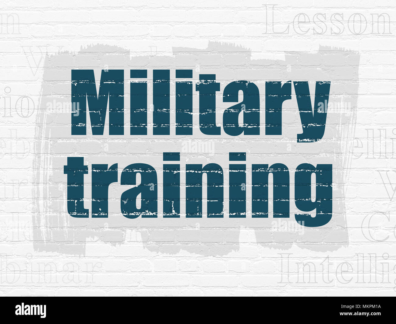Learning concept: Painted blue text Military Training on White Brick ...