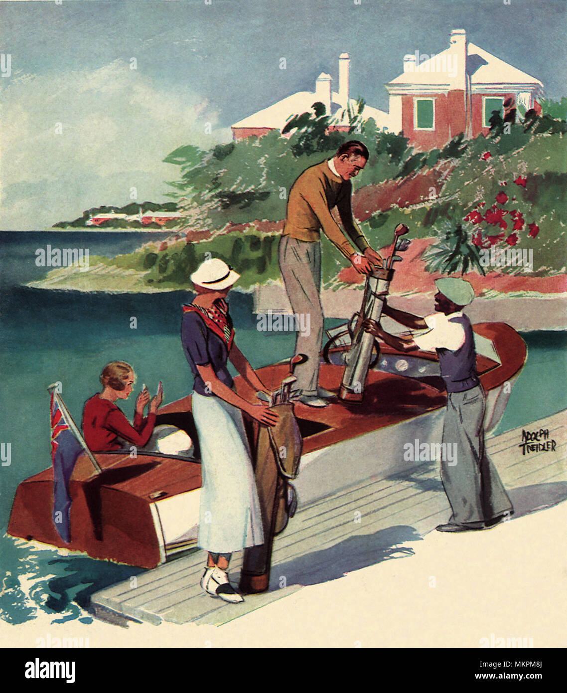 Golfers get off Boat Stock Photo - Alamy