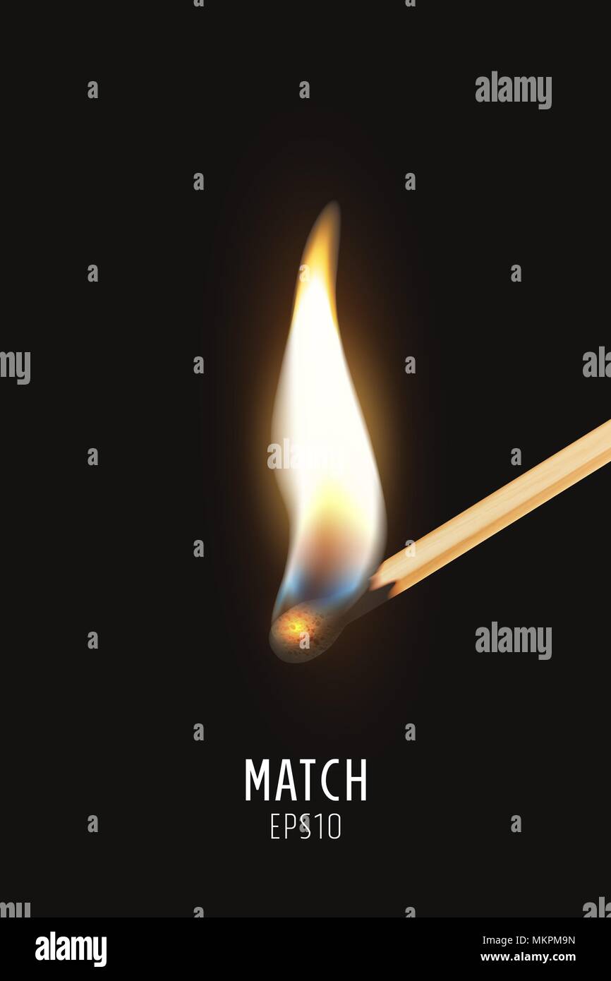 Vector 3d realistic burning match stick icon closeup on dark background ...