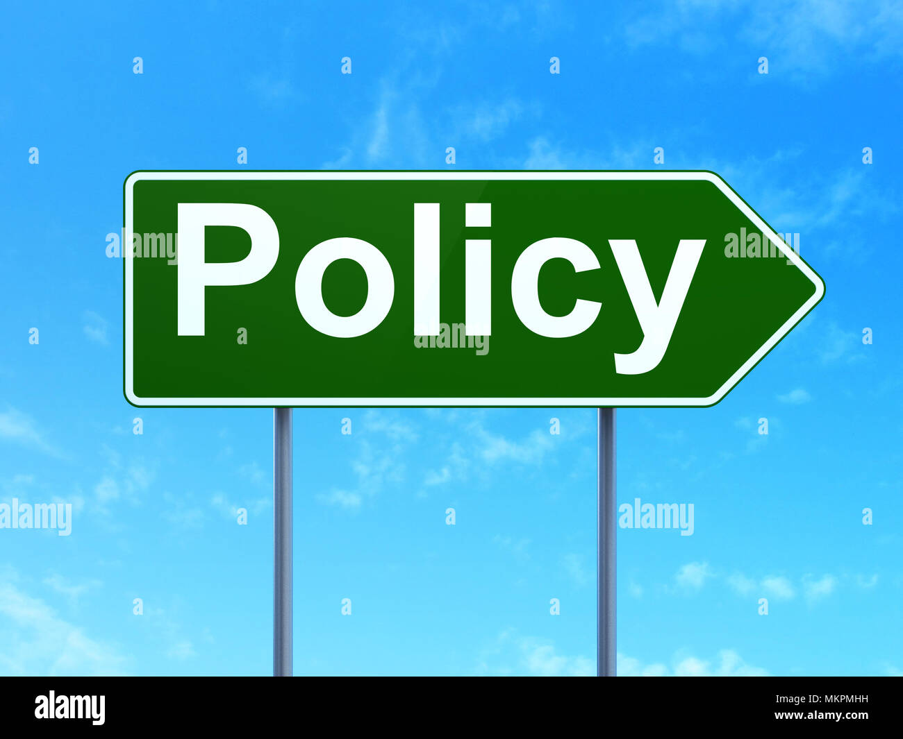 Insurance concept: Policy on green road highway sign, clear blue sky ...