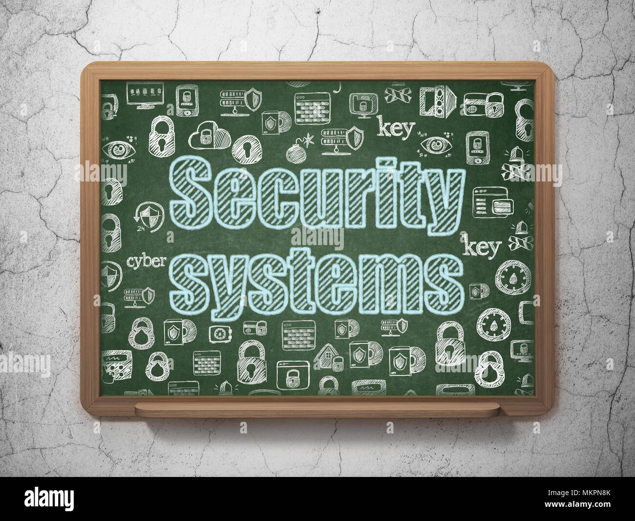 Privacy concept: Chalk Blue text Security Systems on School board background with Hand Drawn ...
